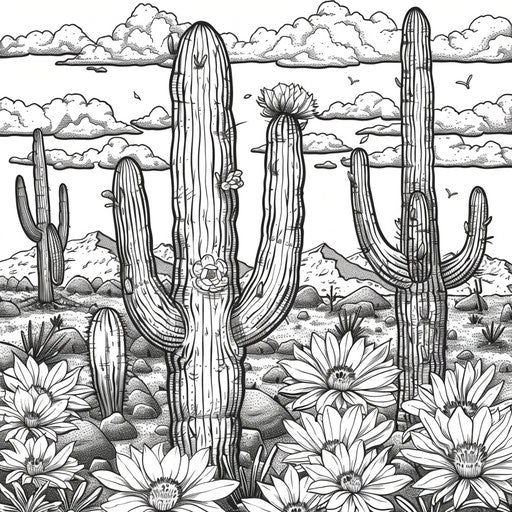 Saguaro cactus with blooming flowers, coloring page – IMAGELLA