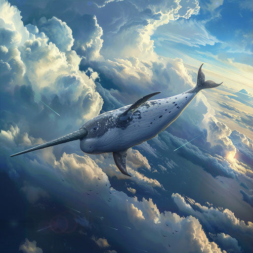 A mythical narwhal with wings, soaring above the clouds – IMAGELLA