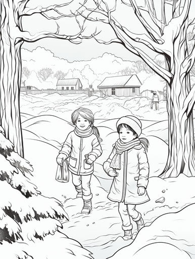 Snowy day with kids on snow, dynamic style, poster, black and white ...