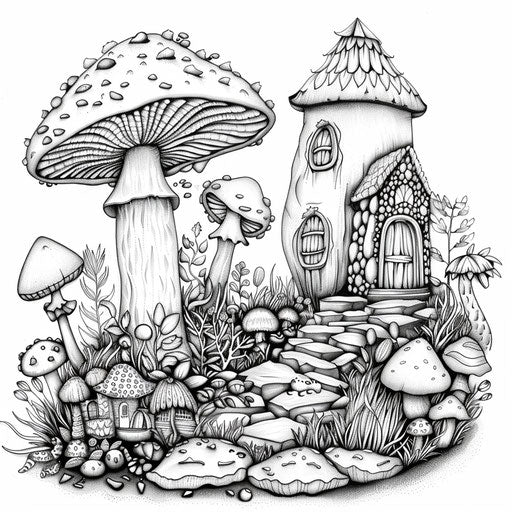 Whimsical scene of a garden with toadstools and tiny houses – IMAGELLA