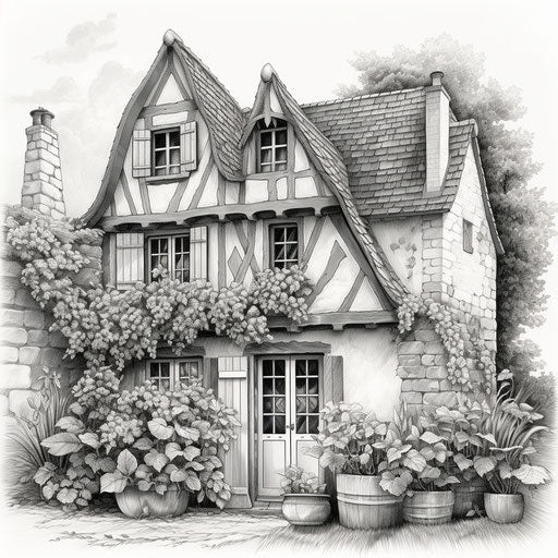 Pictures of French cottages to color, intricately detailed – IMAGELLA