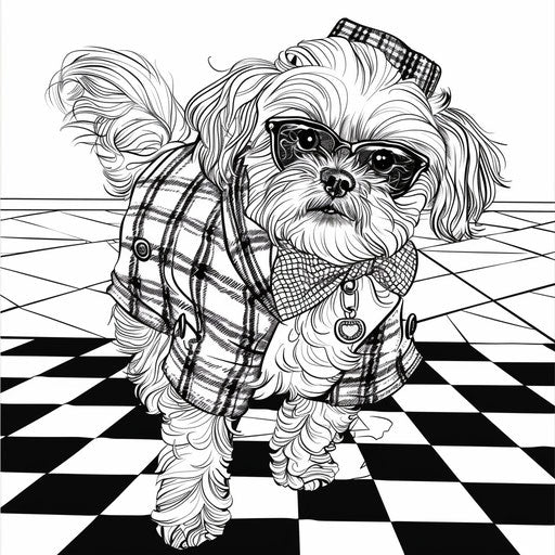 Stylish dog on high-fashion runway, coloring book page – IMAGELLA