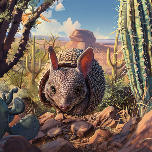Curious armadillo behind a cactus in a desert landscape – IMAGELLA