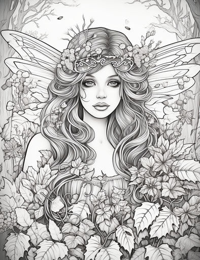 Realistic and elaborate autumn fairy coloring page – IMAGELLA