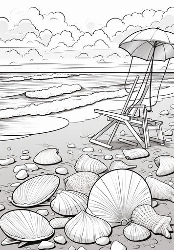 Coloring page of colorful beach with sea shells and sun items – IMAGELLA