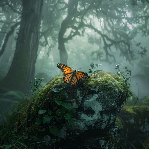 Monarch butterfly on mossy rock in misty forest – IMAGELLA