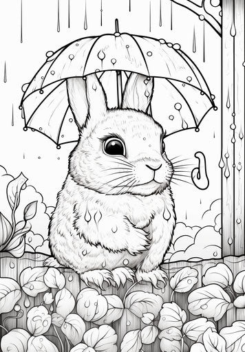 A rabbit in the rain coloring page, in the style of nikon af600, canon ...