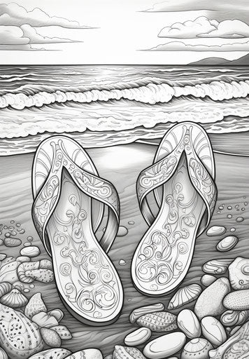 Flip flops on beach-themed coloring page, textile designs – IMAGELLA