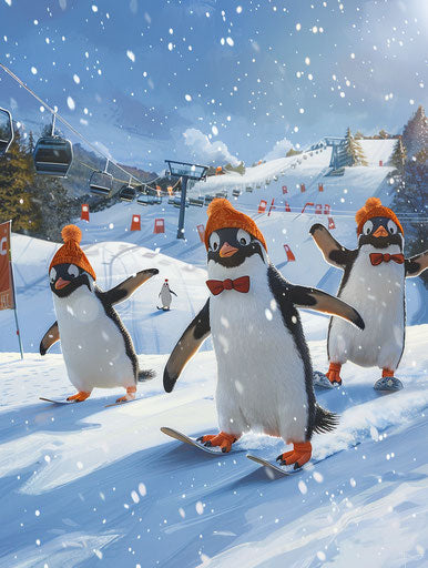Five penguins snowboarding and skiing down hill – IMAGELLA