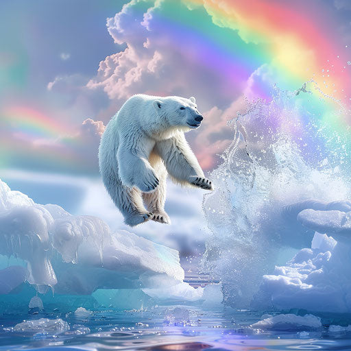 Polar bear leaping between two ice floes with a splash under a bright ...