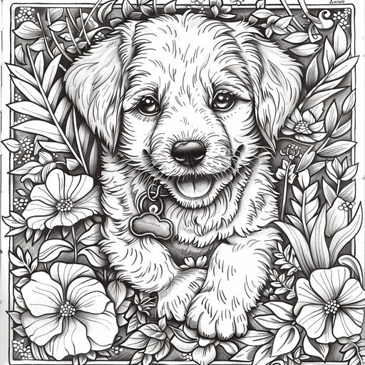 A playful puppy in a flower garden, Teagan White style, coloring page ...