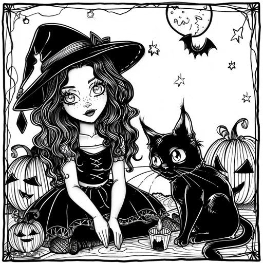 Cute witches and black cats coloring page – IMAGELLA