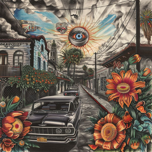 Tattoo sketch of a Chicano art street scene, detailed and vibrant ...