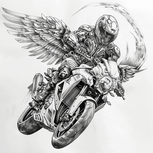 Dotwork tattoo stencil design of Archangel Michael with a futuristic motorcycle – IMAGELLA