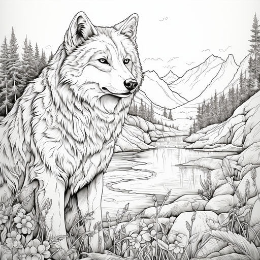 Wolf and nature by the river coloring page – IMAGELLA
