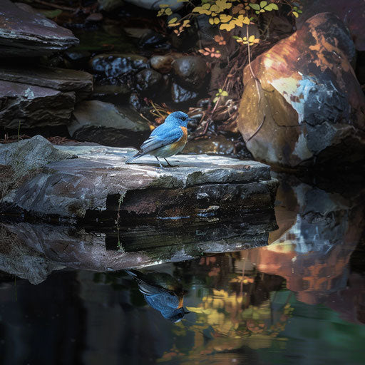 Bluebird by a tranquil stream with reflections – IMAGELLA