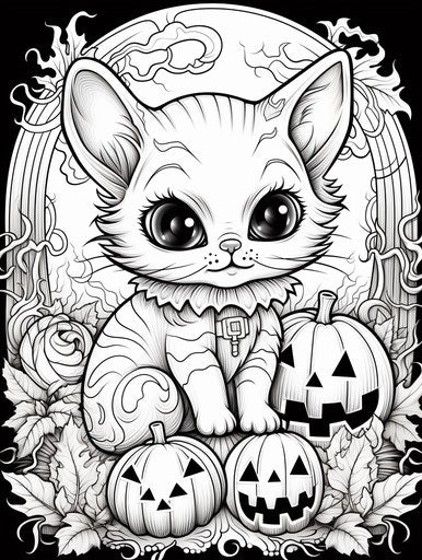 Cat coloring page, Halloween style, clean inking, soft shading, cut and ...
