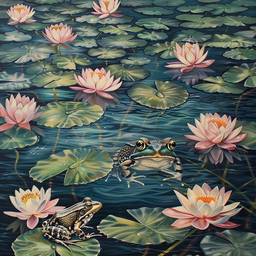 A frog's journey across a busy pond, lily pads and lotus flowers ...