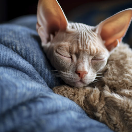Devon Rex cat sleeping on a couch with its owner – IMAGELLA