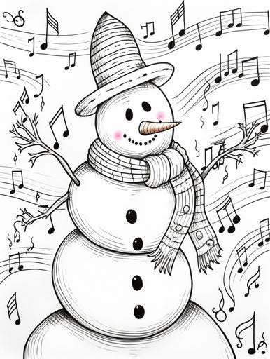 Snowman and music notes coloring page, gary larson style – IMAGELLA
