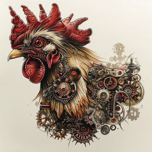 Steampunk rooster tattoo on white background showcasing mechanical ...