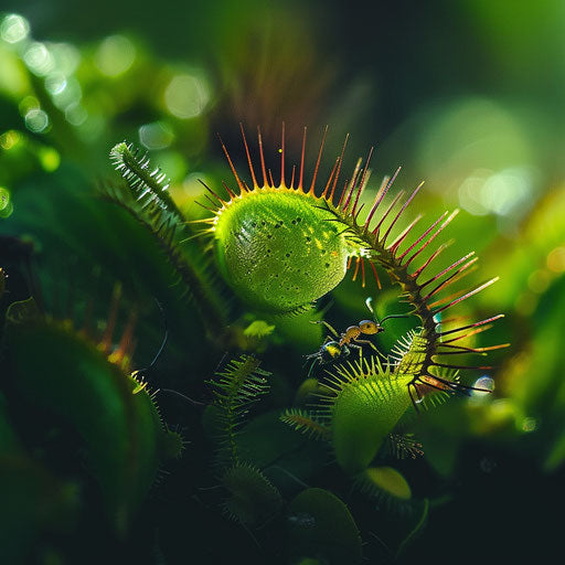 Venus flytrap with ant on lush foliage background – IMAGELLA