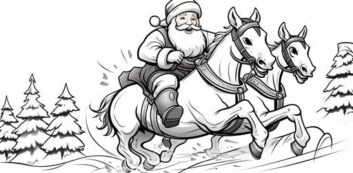 Christmas coloring pages with Santa Claus riding, in cartoonish style ...