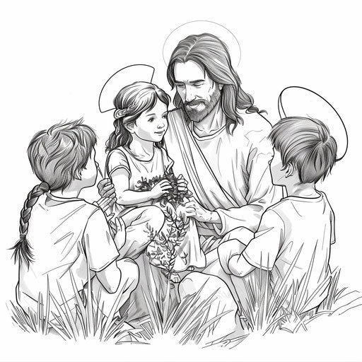 Jesus with children, coloring book page – IMAGELLA