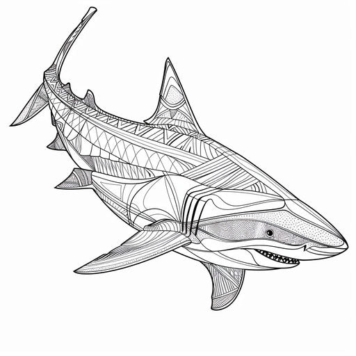 Stylized shark with geometric shapes, coloring book page – IMAGELLA