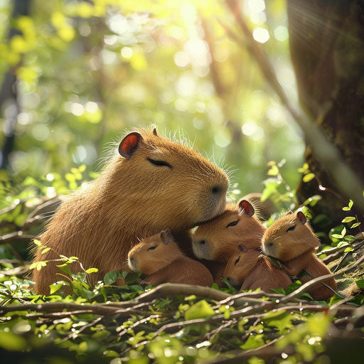 Capybara family relaxing together in a sunlit clearing – IMAGELLA