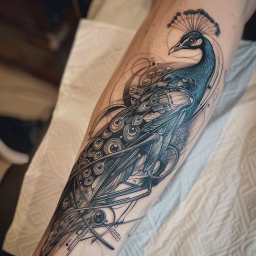 Biomechanical peacock tattoo, blend of organic and mechanical elements, uniquely showcased on a ...