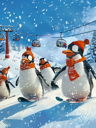 Penguins skiing and snowboarding with orange hats and red bow ties ...
