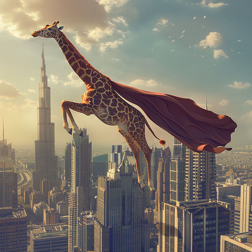 The giraffe superhero flying over the city, cape fluttering – IMAGELLA