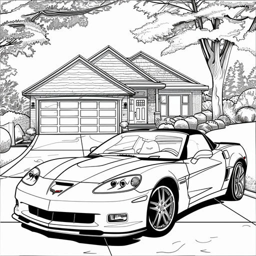 A Corvette parked in front of a stylish modern house. Coloring book ...
