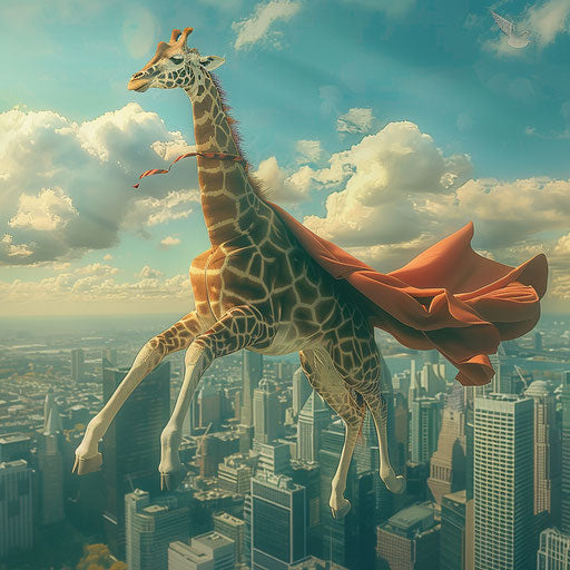 The giraffe superhero soaring over the city, cape fluttering – IMAGELLA
