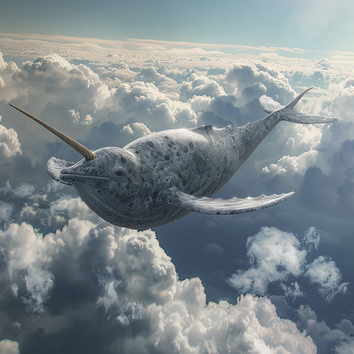 A mythical narwhal with wings, soaring above the clouds – IMAGELLA