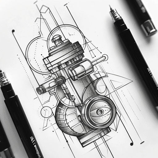 Elegante boceto de tatuaje de un pistón con elementos art déco – IMAGELLA