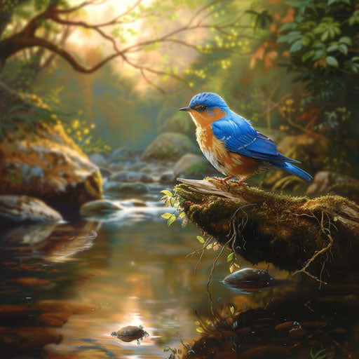 Bluebird by a tranquil stream with reflections – IMAGELLA