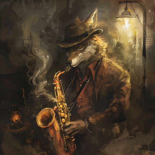A jazz-playing coyote with saxophone in smoky underground club – IMAGELLA