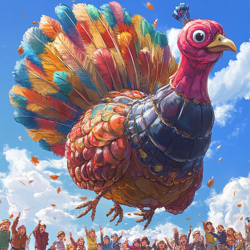 Giant turkey balloon float with colorful feathers, children in festive ...