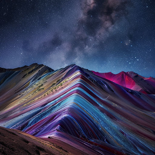 Rainbow Mountain, Peru under a clear starry night sky, in the style of ...