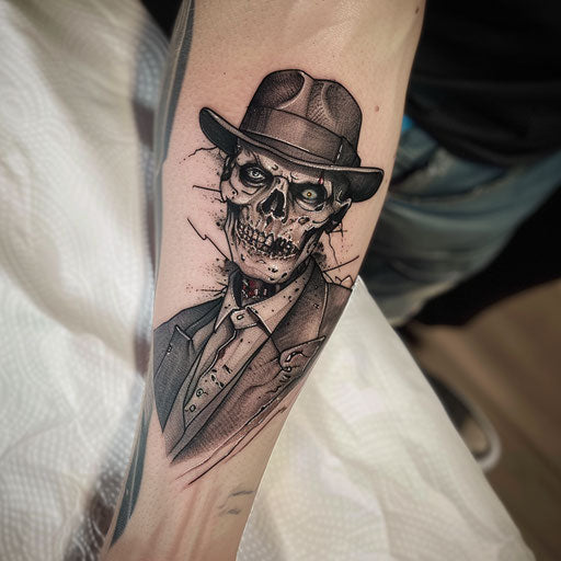 Horror-themed gangster tattoo with a zombie mobster design, inked in ...