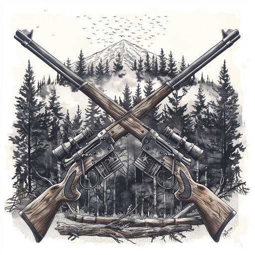 Duo of vintage crossed rifles with forest backdrop in realistic tattoo ...