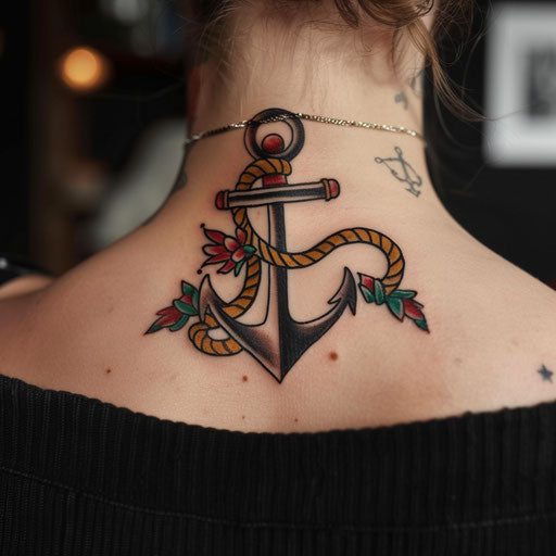 Neck tattoos for women in the style of Sailor Jerry with an anchor and ...