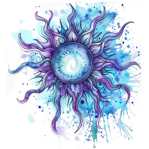 Sketch of vibrant blue and purple rising sun tattoo – IMAGELLA