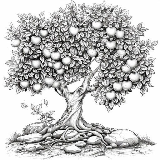 Realistic apple tree with detailed bark, Stephen Wiltshire style – IMAGELLA