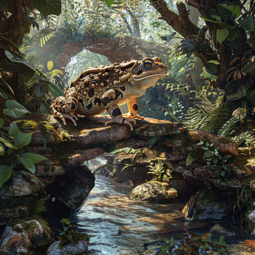 A Western leopard toad crossing a natural stone bridge over a babbling ...