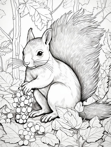 Autumn coloring pages, illustration, squirrel playing with leaves ...