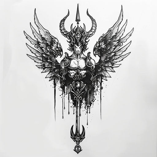 Elegant flat tattoo sketch of Lucifer with an ornate crown and scepter ...