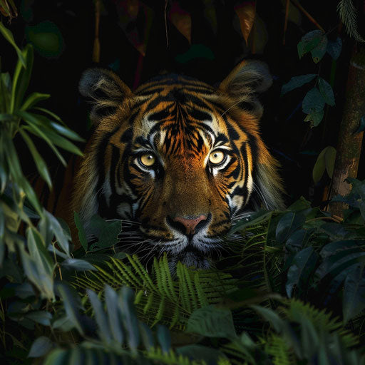 Intense gaze of a Sunda tiger camouflaged in dense vegetation – IMAGELLA